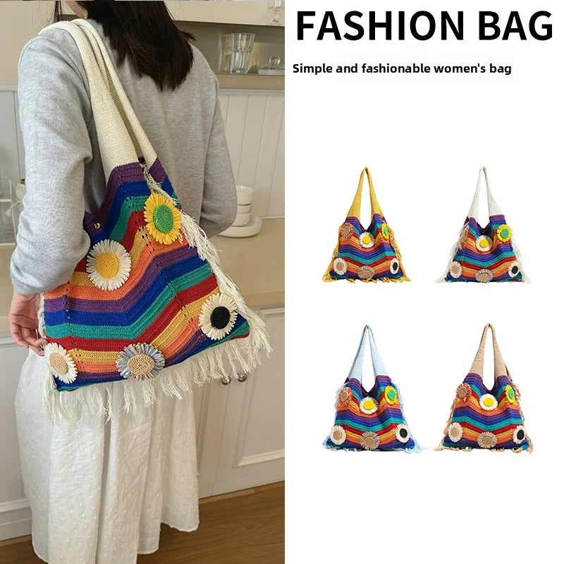 Rainbow Canvas Bucket Bag with Braid Detail, Single Shoulder Strap, Pe ...